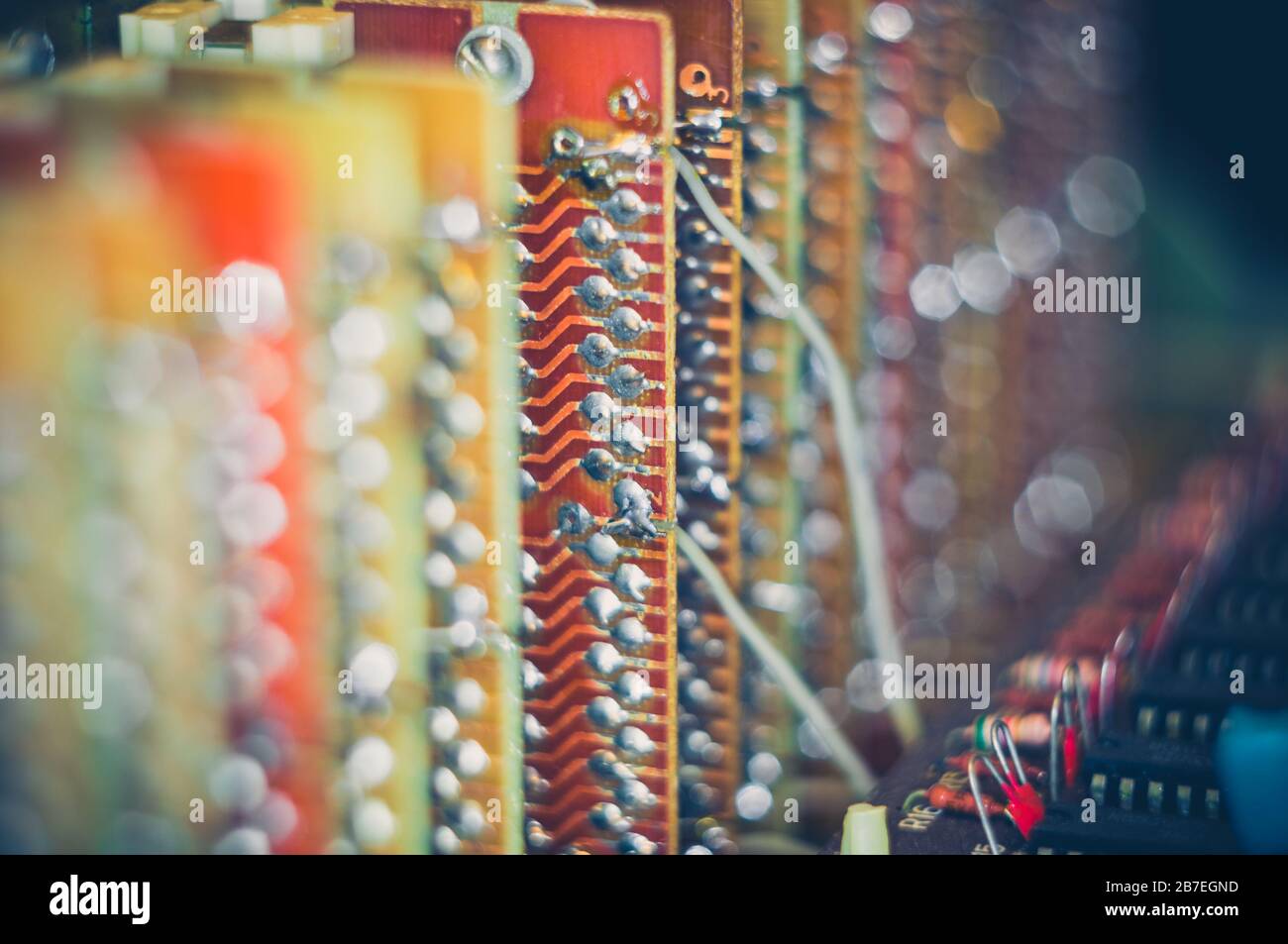 Vintage electronic circuit boards with radio parts and chips, close-up ...