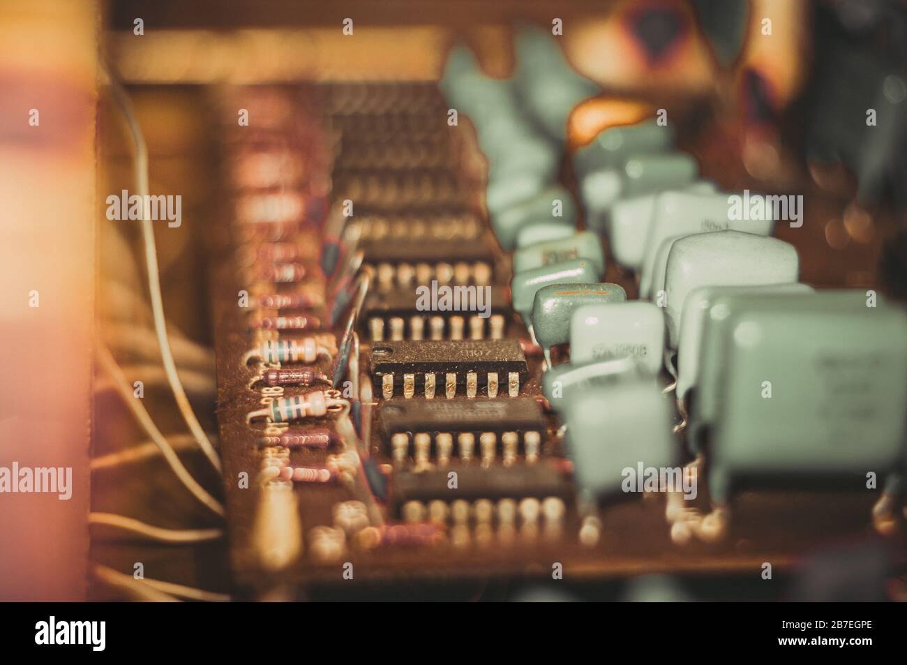 Vintage electronic circuit boards with radio parts and chips, close-up ...