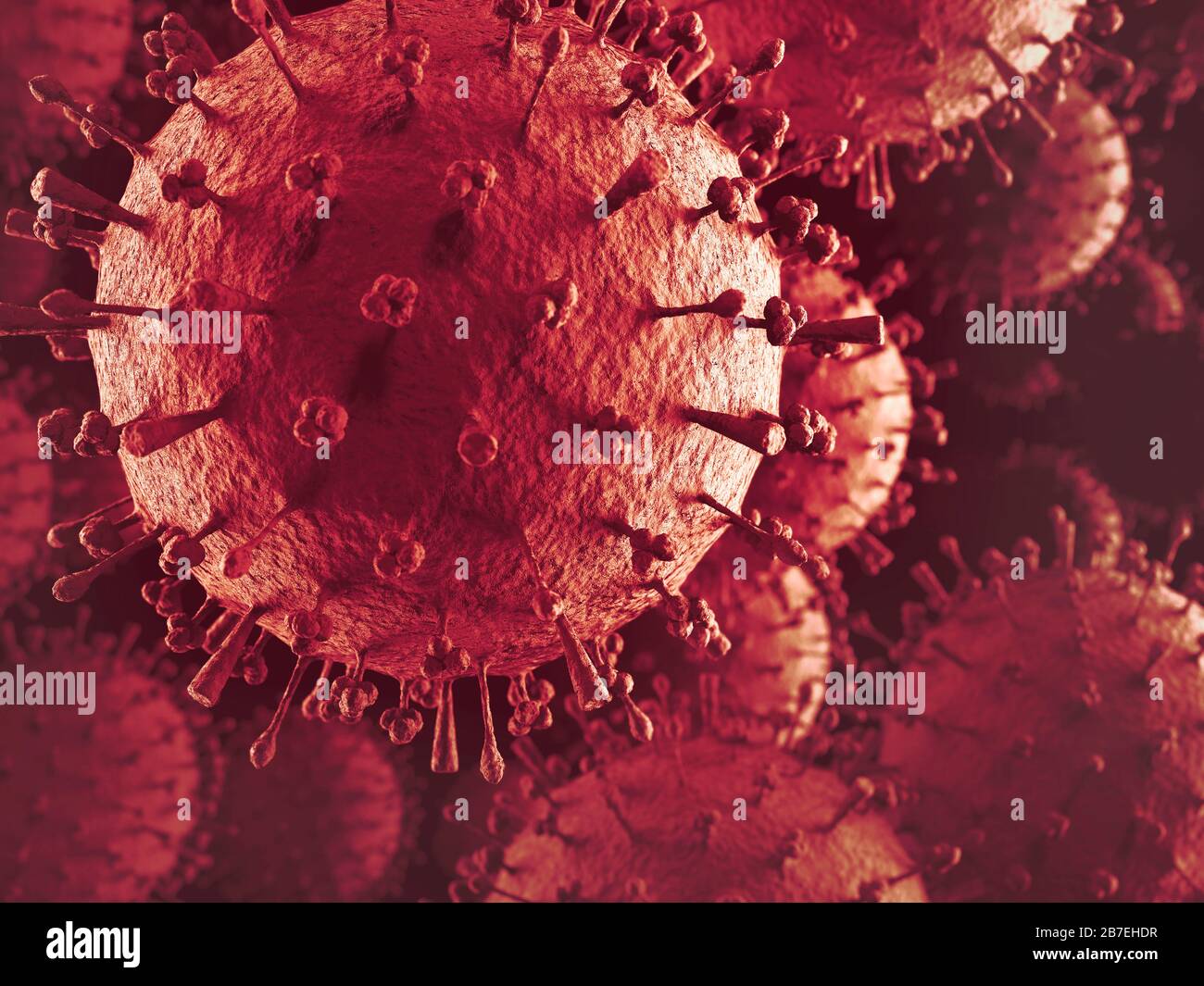 Coronavirus, COVID-19, artistic rendering in red colors. Corona virus ...
