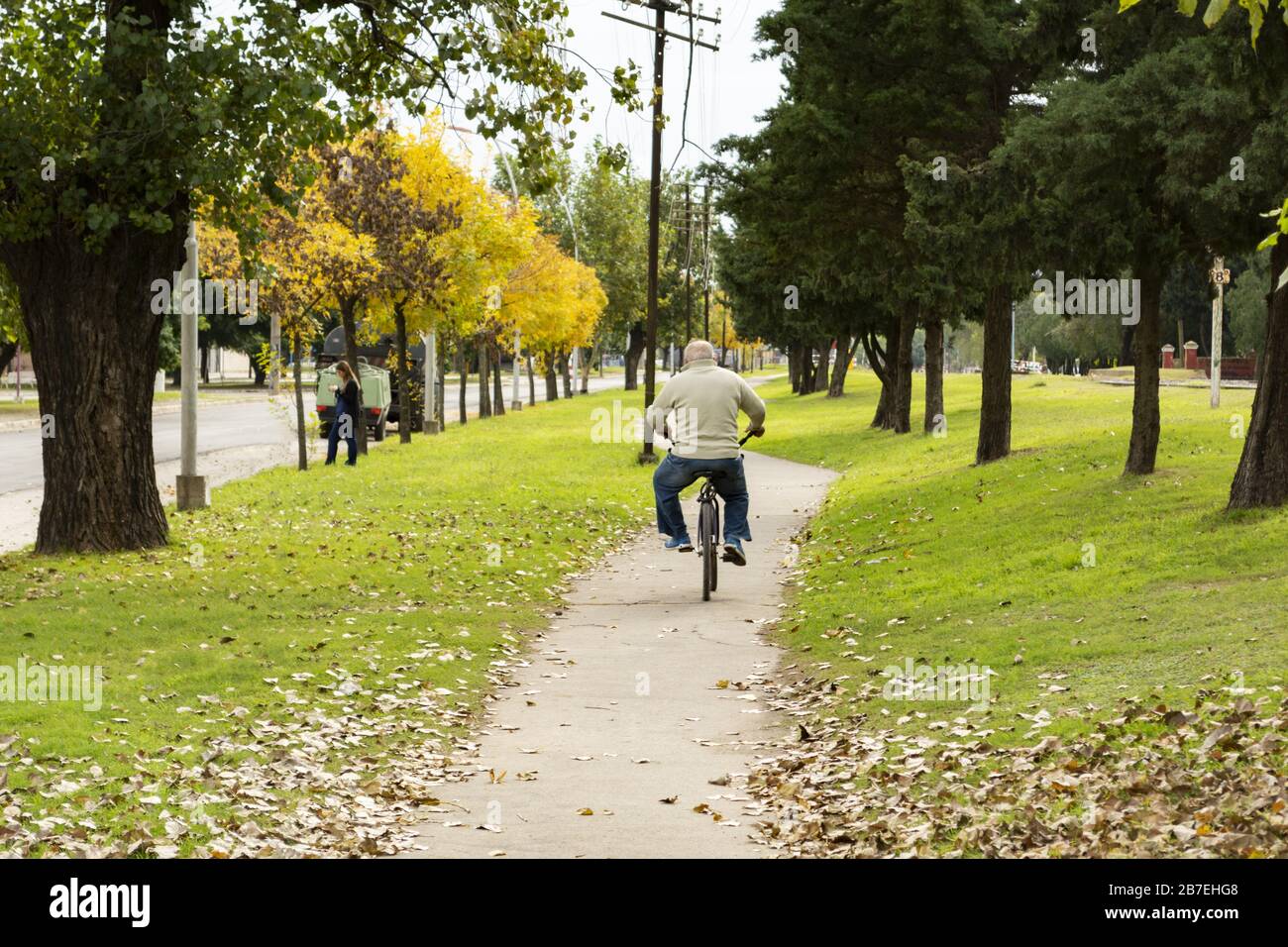 Old man riding a bicycle on the sidewalk near a park with green trees ...
