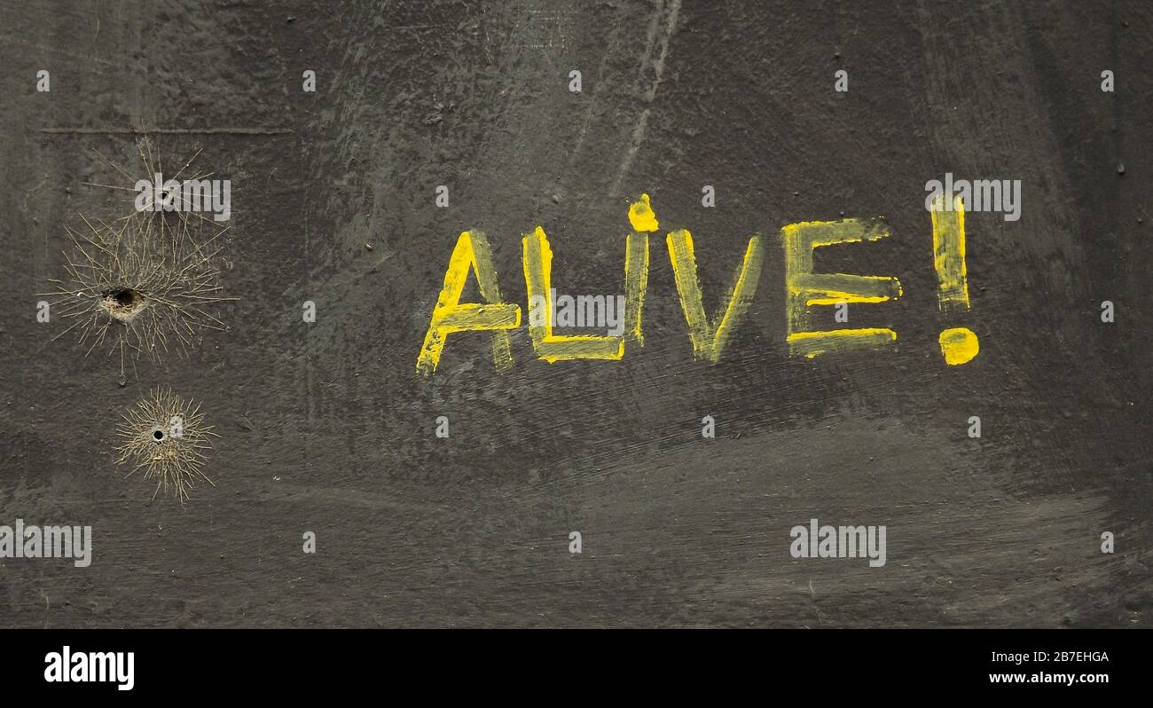 Concrete surface with a yellow message Alive with a warning sign on it ...