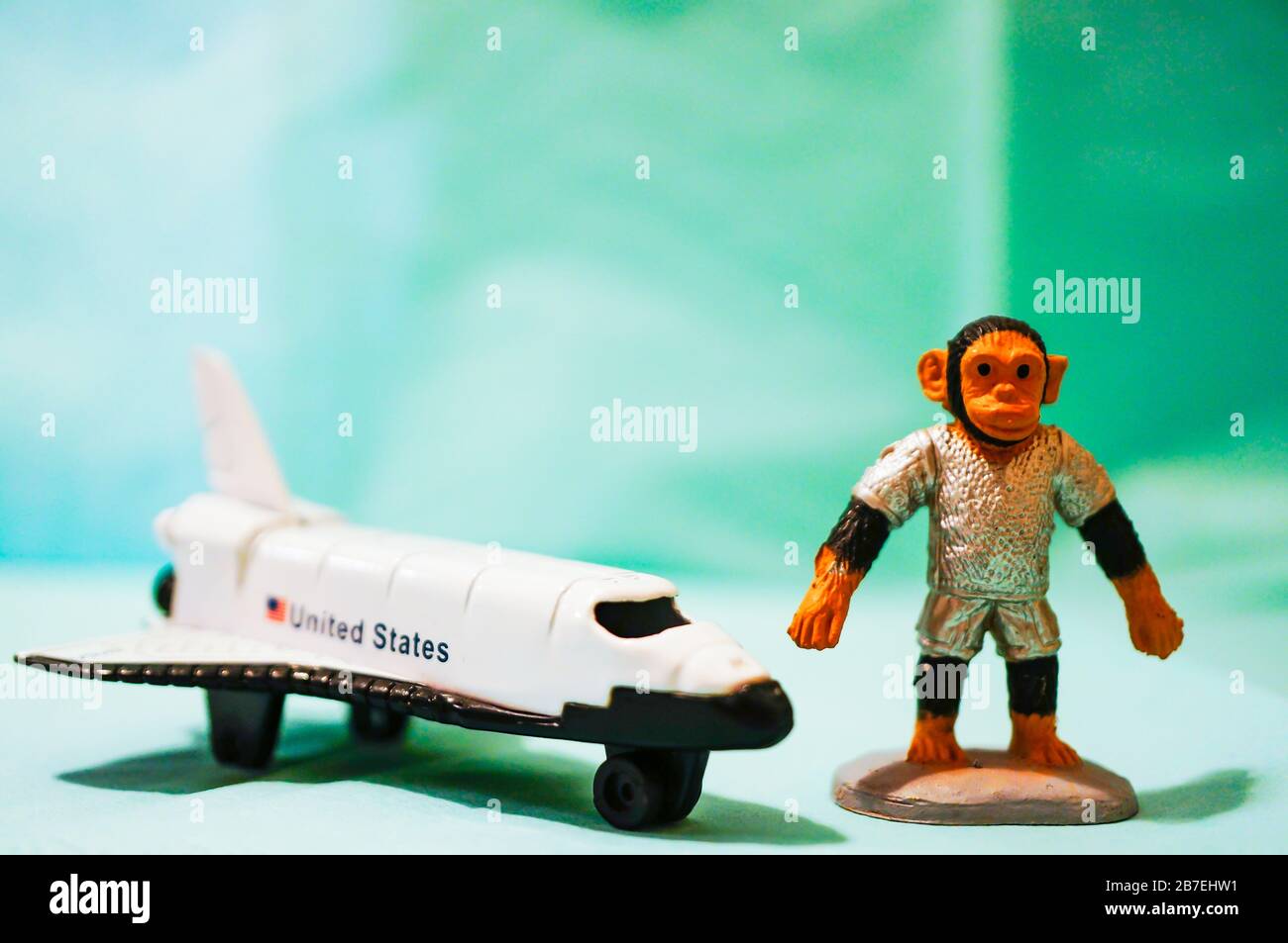 POZNAN, POLAND - Feb 06, 2019: Siku model space shuttle and a monkey ...