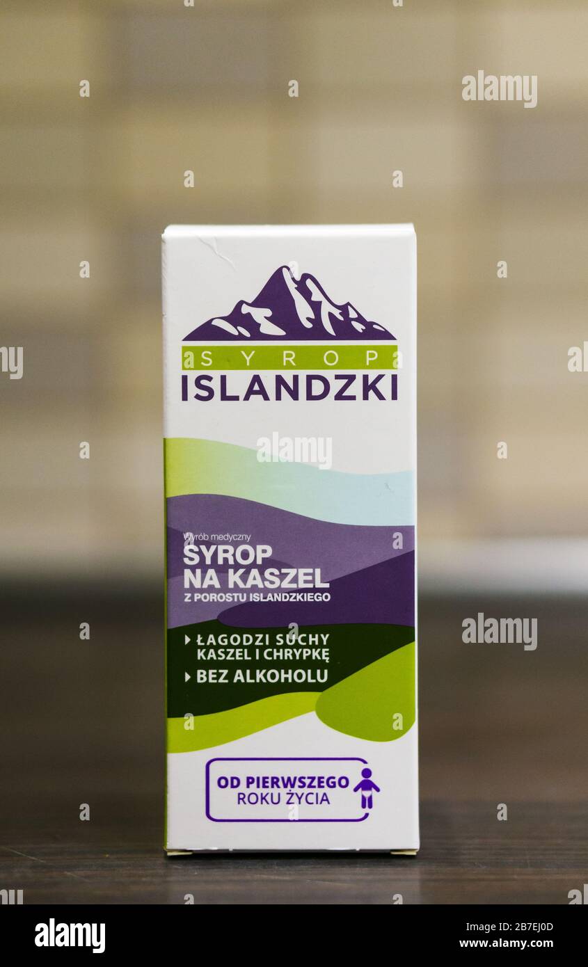 POZNAN, POLAND - Dec 06, 2019: Polish Syrup Islandzki coughing syrup in ...