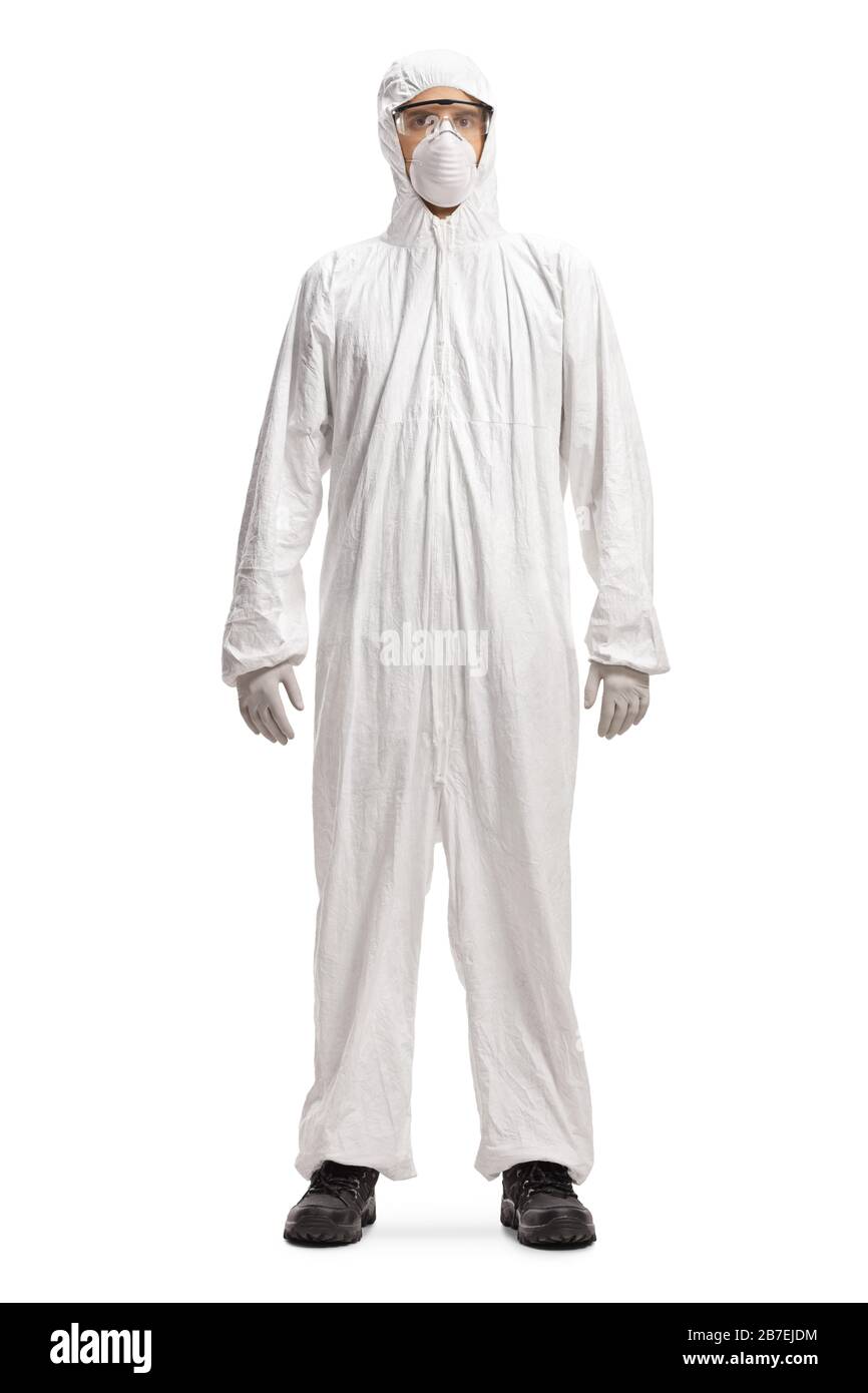Full length portrait of a man in a white hazmat suit and mask isolated on white background Stock ...