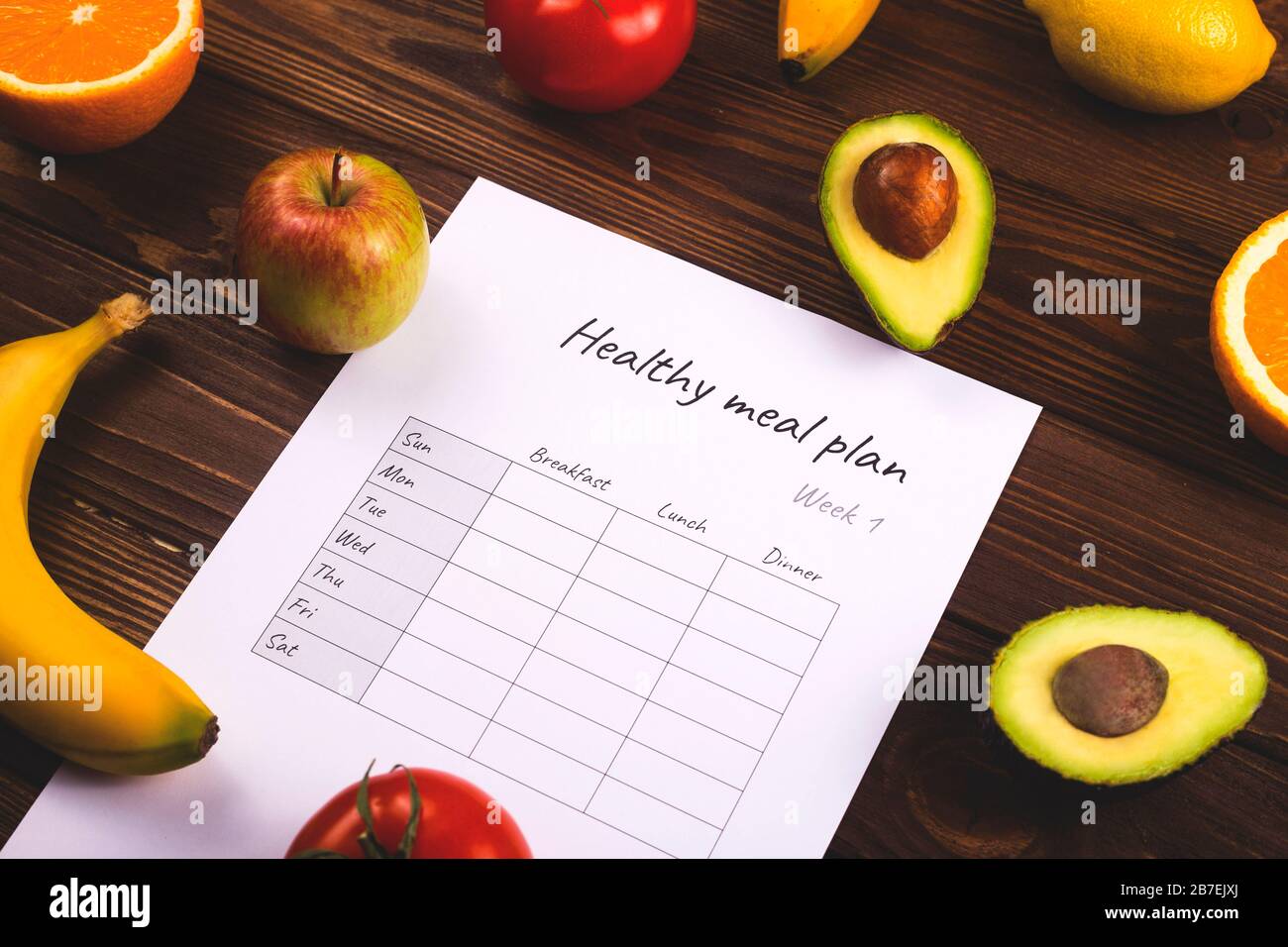 Healthy weekly meal plan among fresh organic fruits and vegetables ...