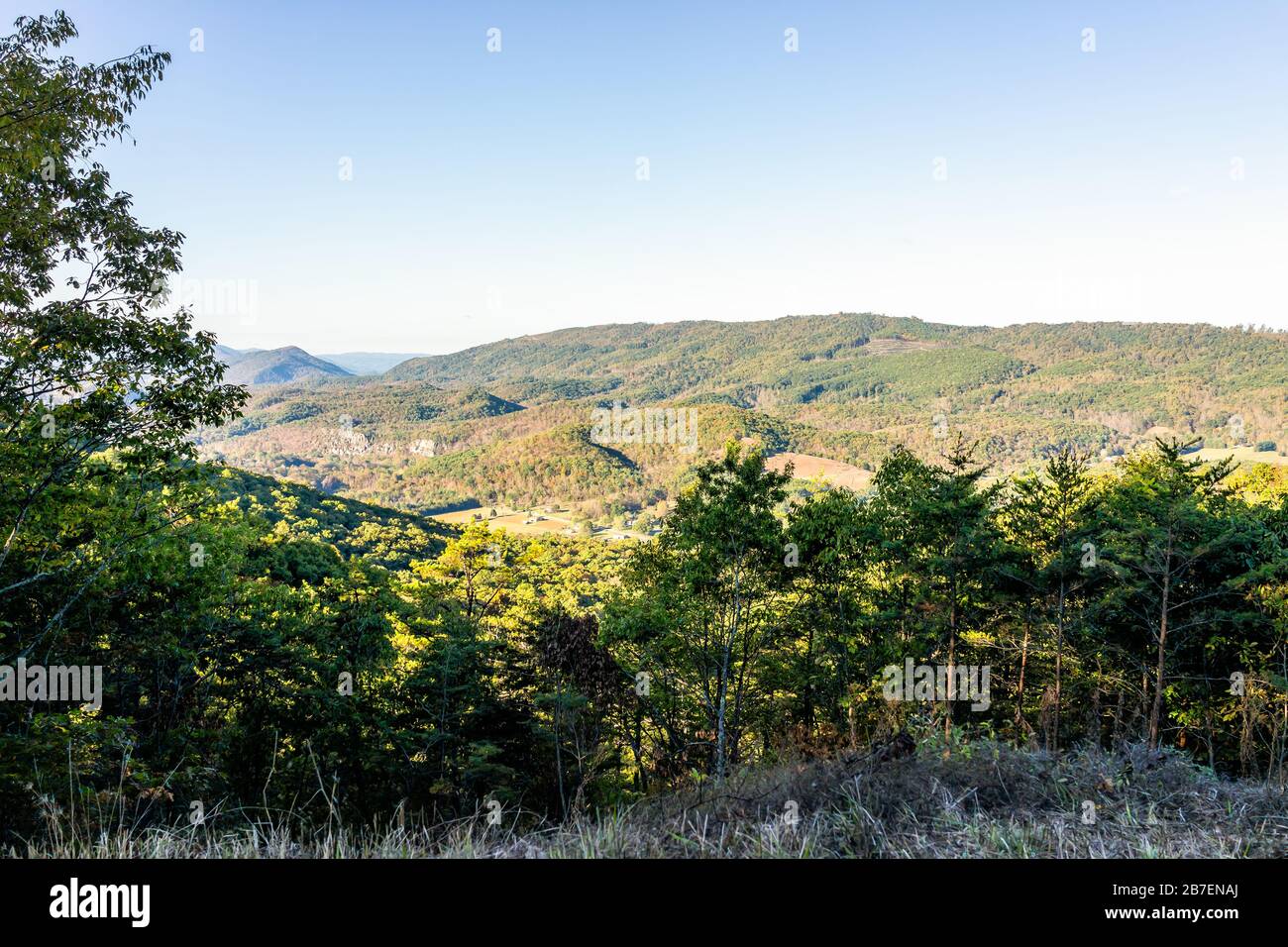 Sunny view of Appalachian Blue Ridge mountains and green forest trees ...