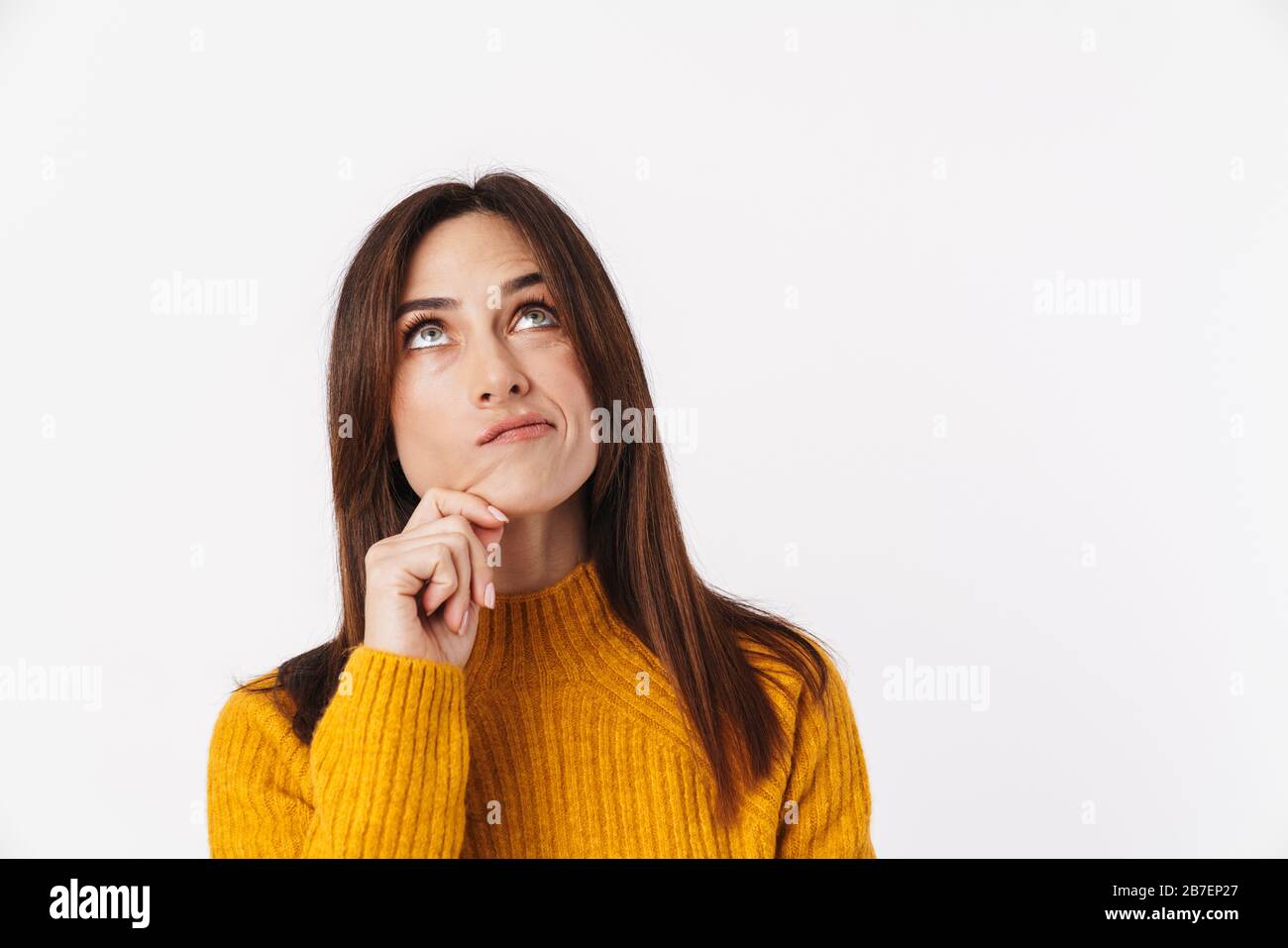 Image of beautiful brunette adult woman wearing sweater thinking and ...