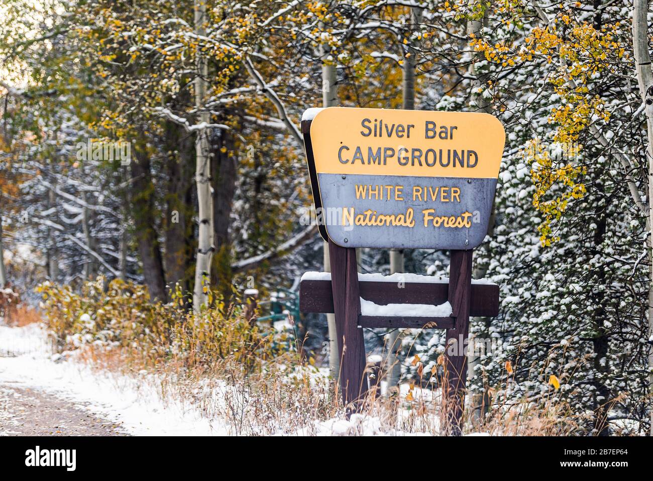 Maroon Bells sign closeup for Silver Bar Campground and white river ...