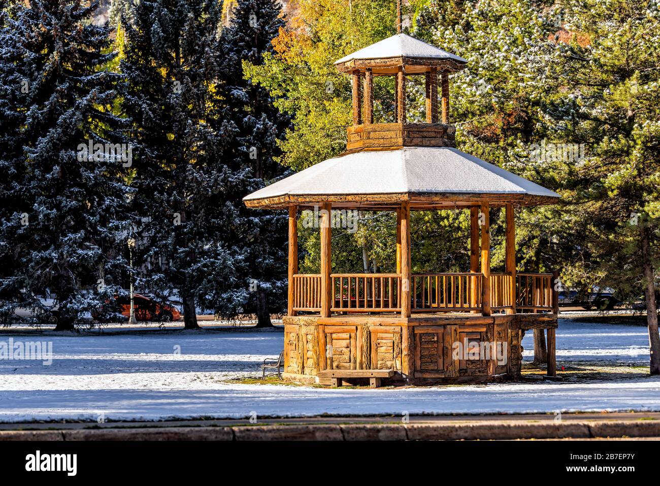 Aspen, USA small town in Colorado with snow covered wooden gazebo in ...