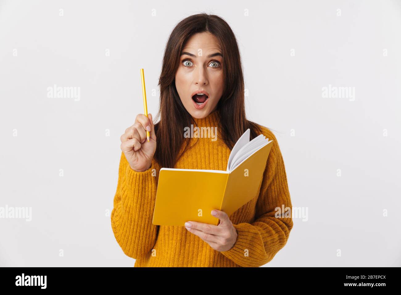 Image of beautiful brunette adult woman wearing sweater thinking and ...