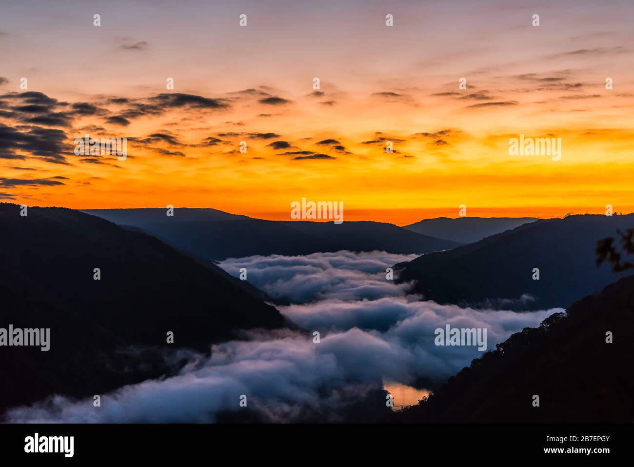 Mountains fog mist landscape clouds in morning above new river gorge ...