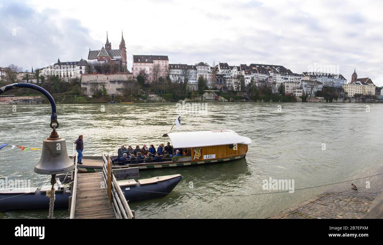 Basel, Switzerland - 2017, December 17: Rope ferry on the Rhine river ...