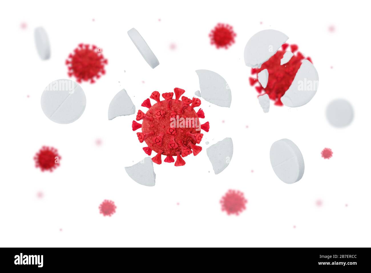 Coronavirus and medicine fight concept. Virus cells and broken tablets ...