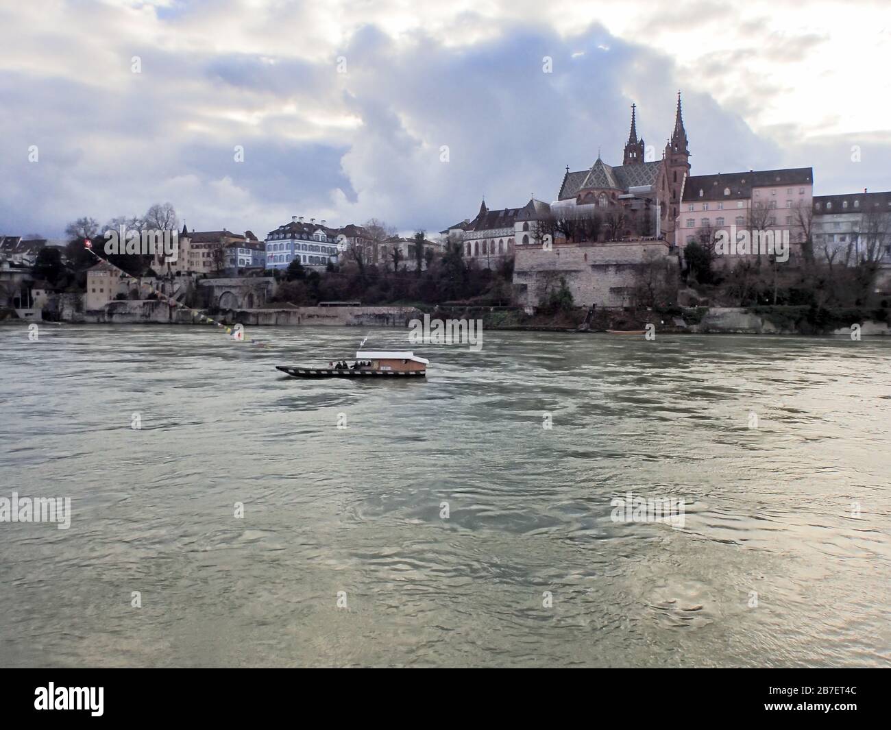 Basel, Switzerland - 2017, December 17: Rope ferry on the Rhine river ...