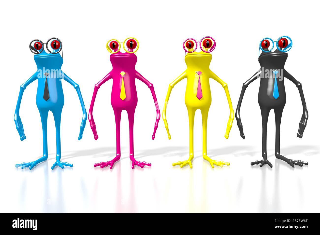 3D cartoon frogs printing CMYK colors - cyan, magenta, yellow, black ...