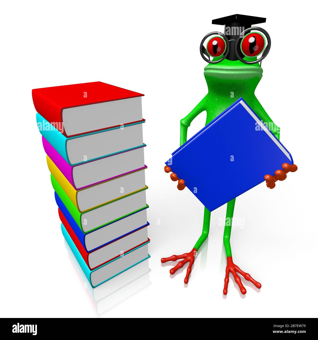 3D cartoon frog and books - great for topics like education, reading ...
