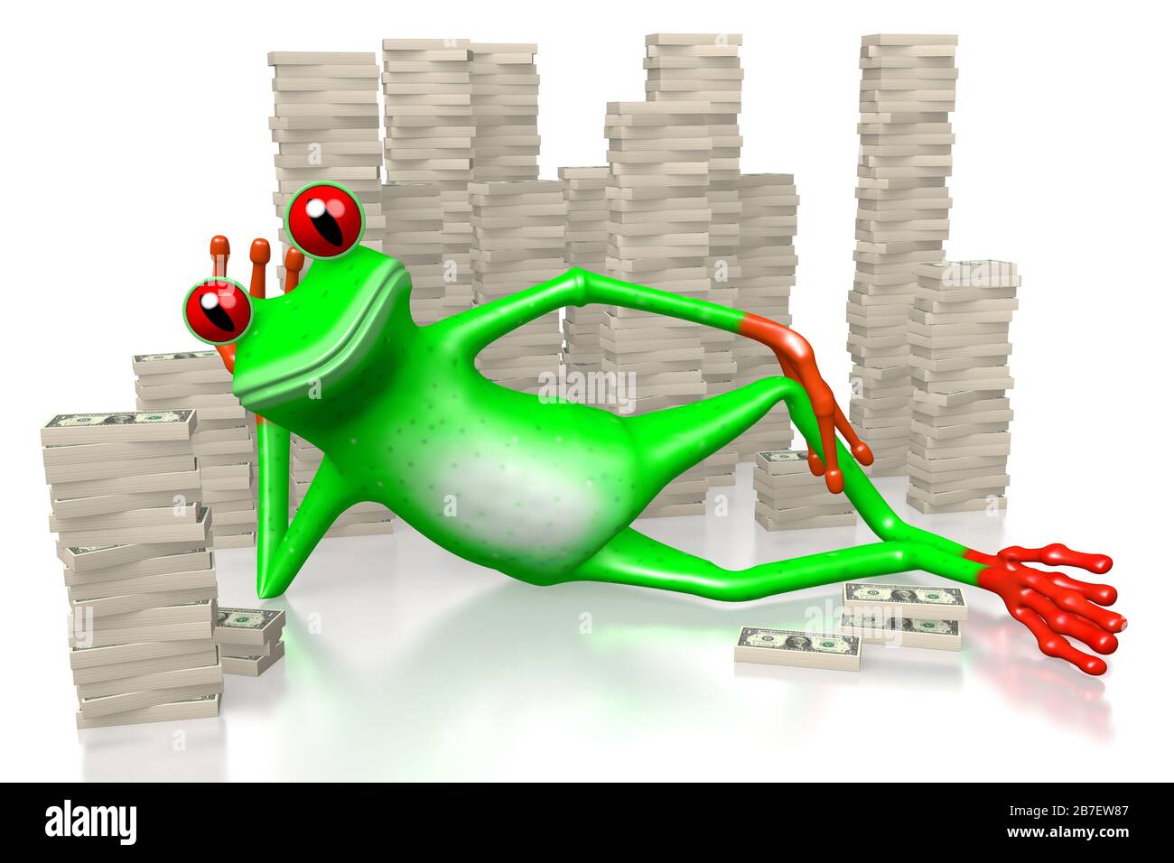 3D cartoon frog and us-dollars - great for topics like being rich ...