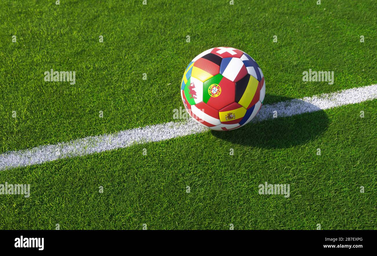 Colorful football or soccer ball with national flags of competing ...