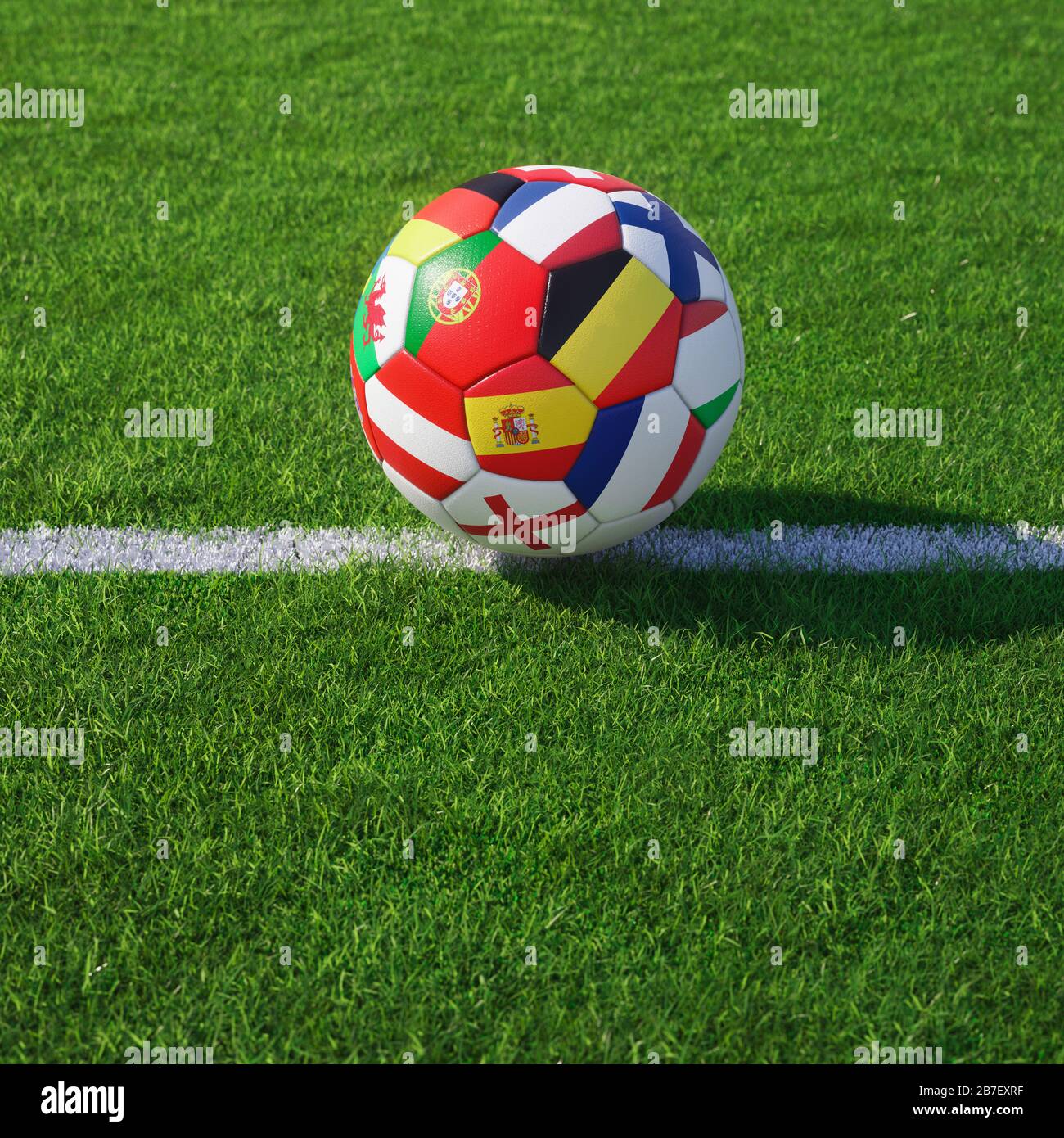 Colorful football or soccer ball with national flags of competing ...