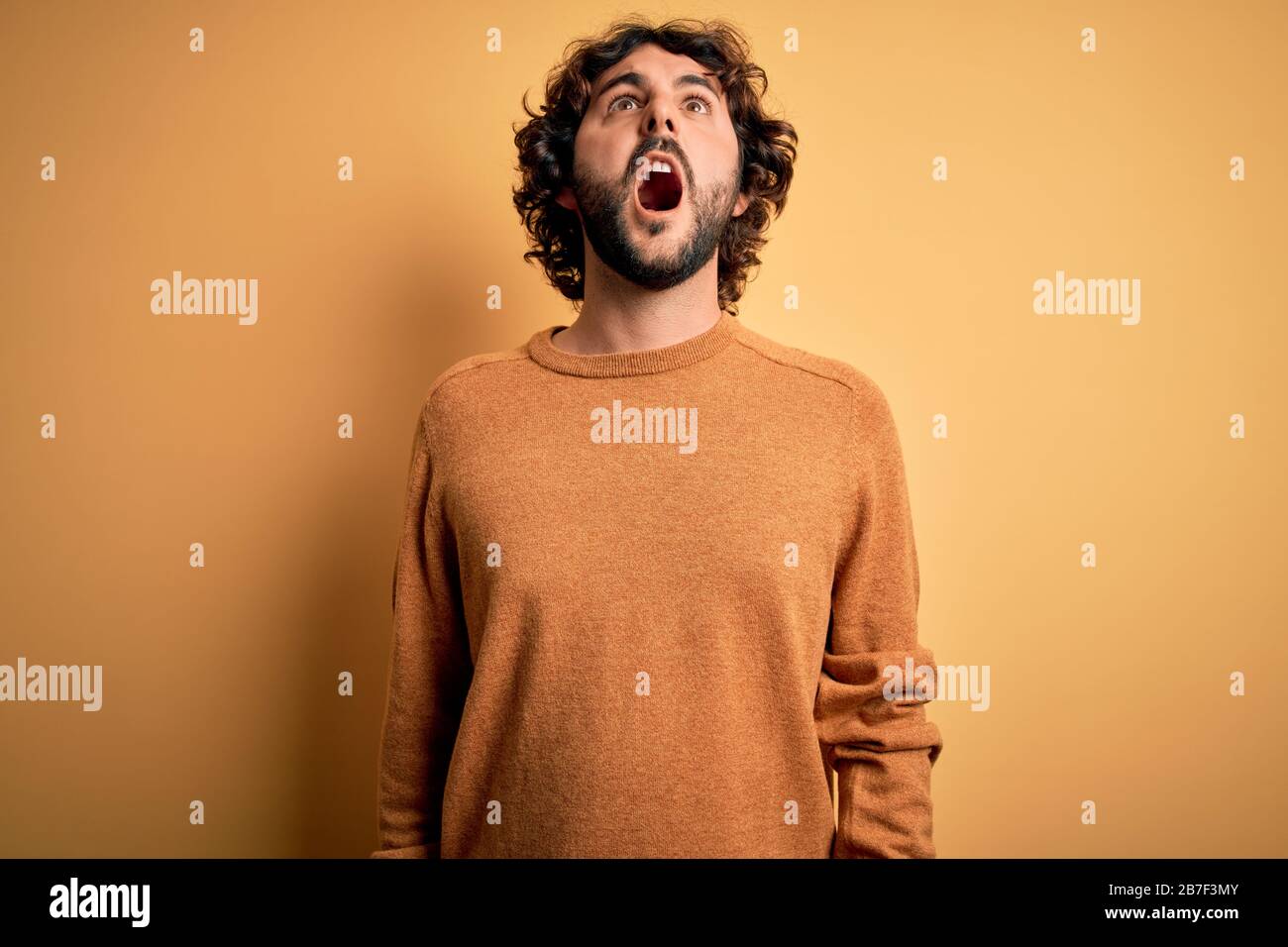 Young handsome man with beard wearing casual sweater standing over ...