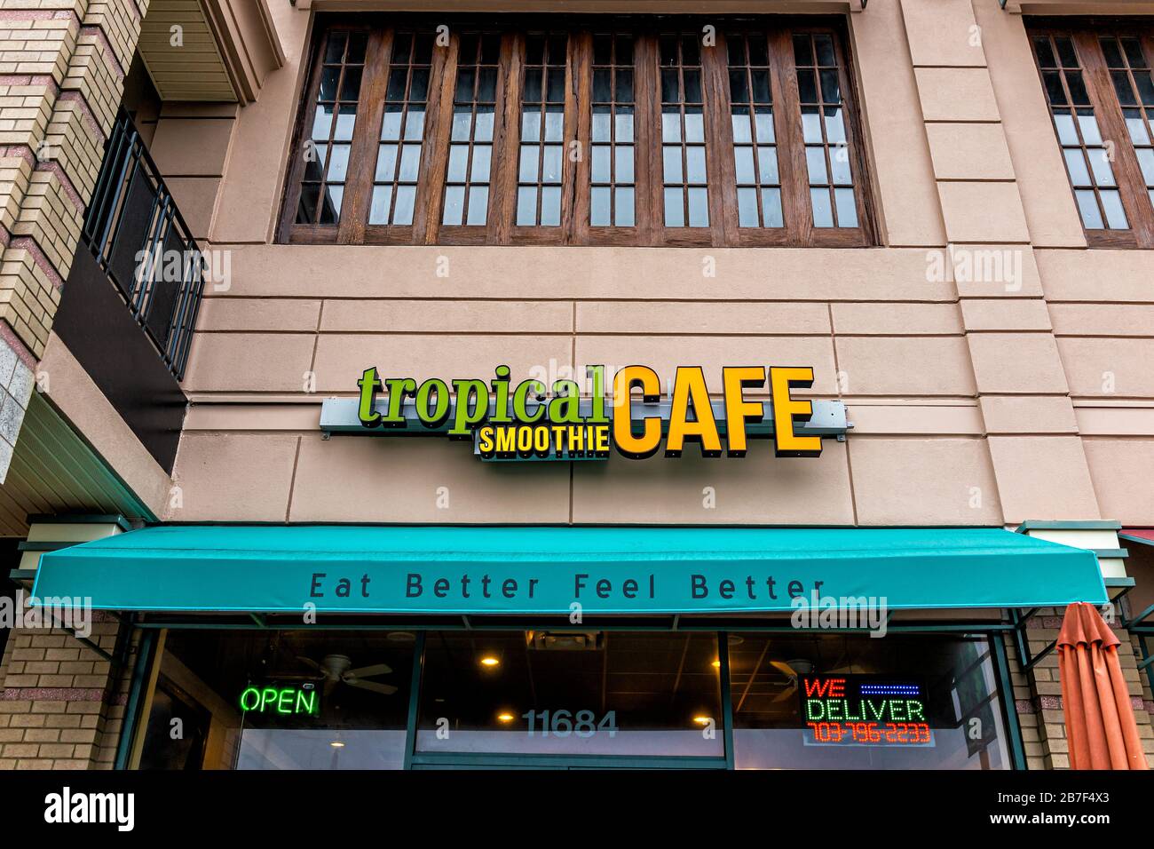 Reston, USA - December 10, 2019: Plaza America and sign text on ...
