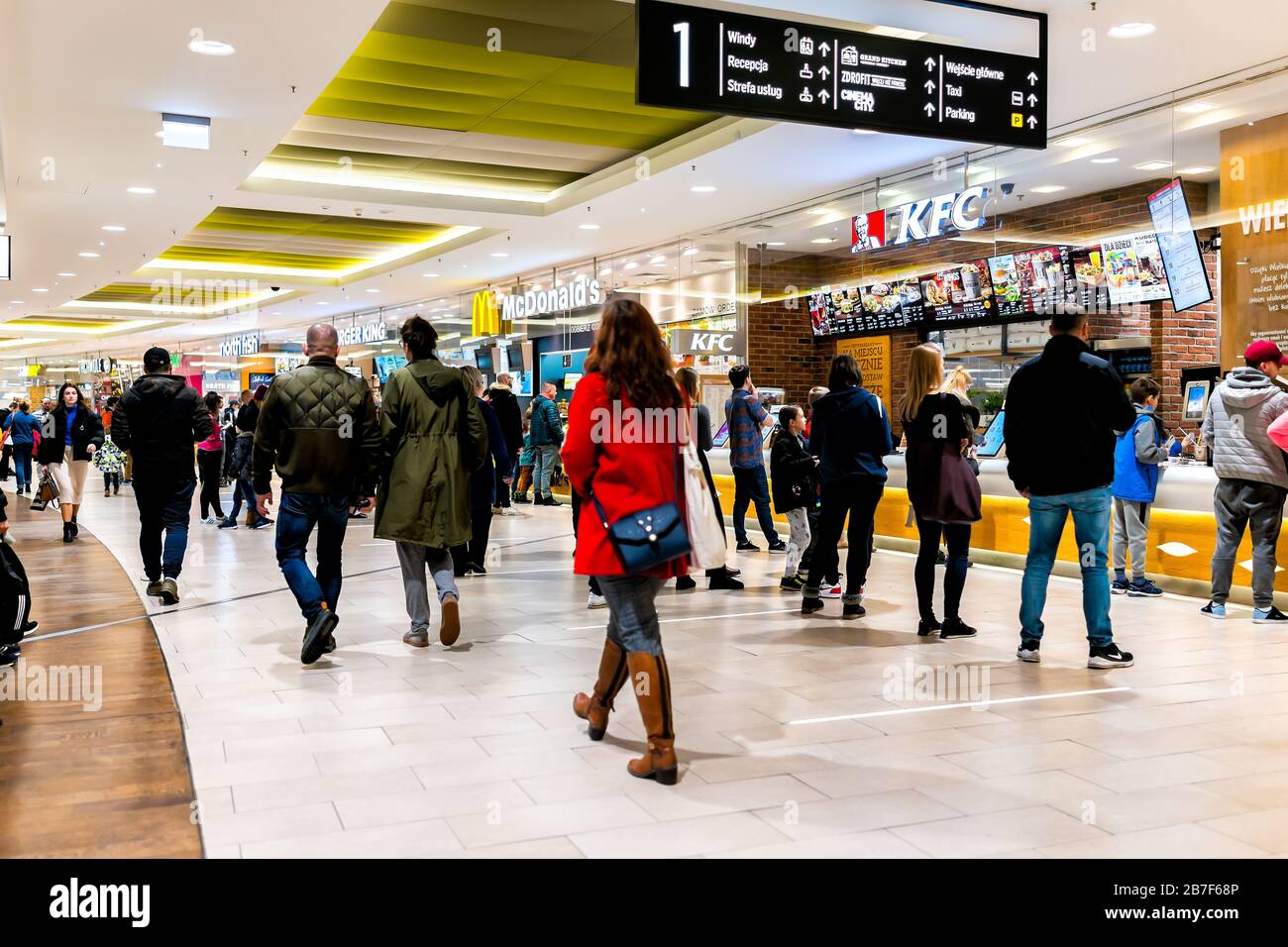 Warsaw, Poland - December 23, 2019: Food court with people waiting in ...