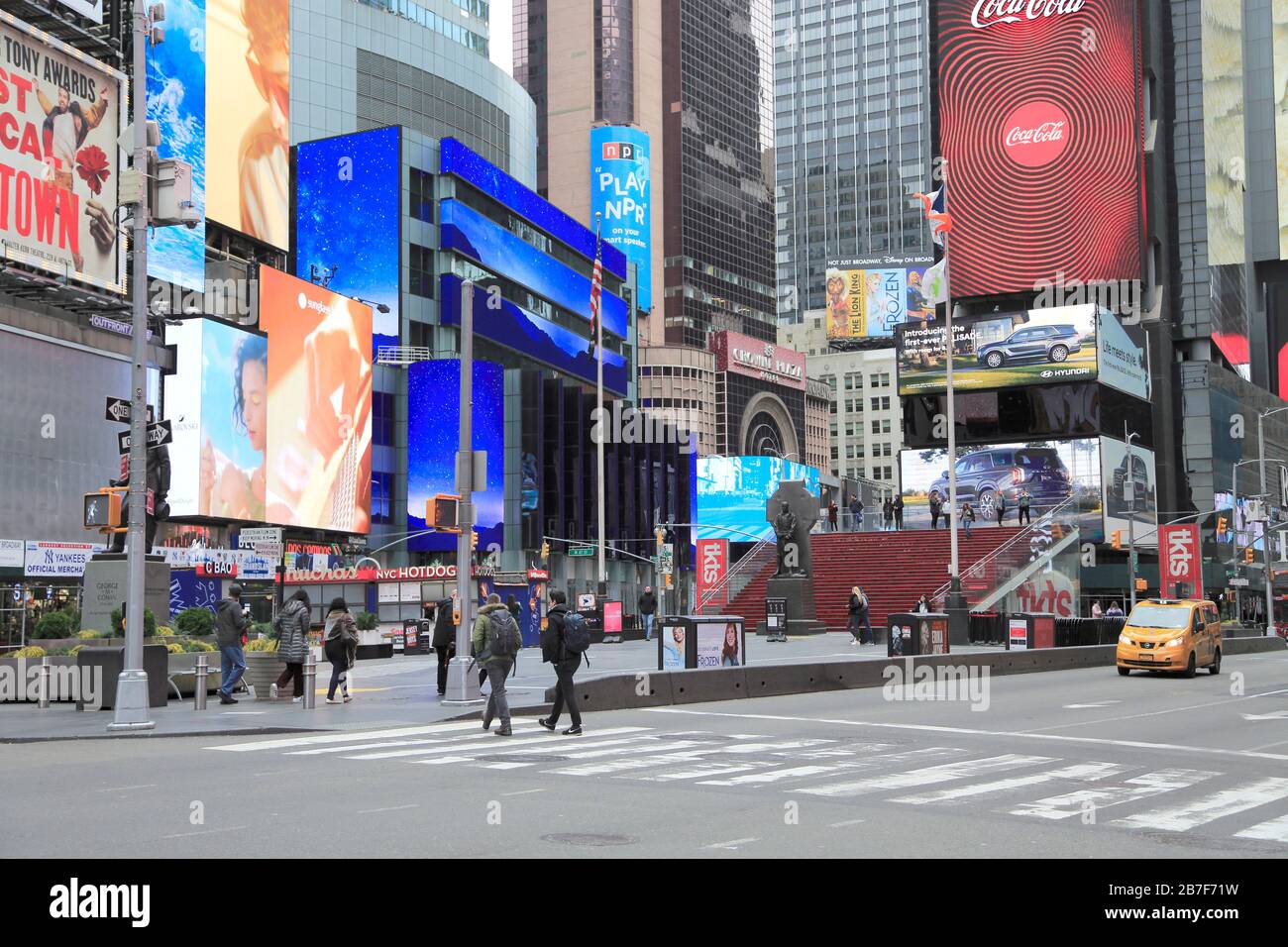 Almost empty Times Square, Red Steps, TKTS booth as people practice ...