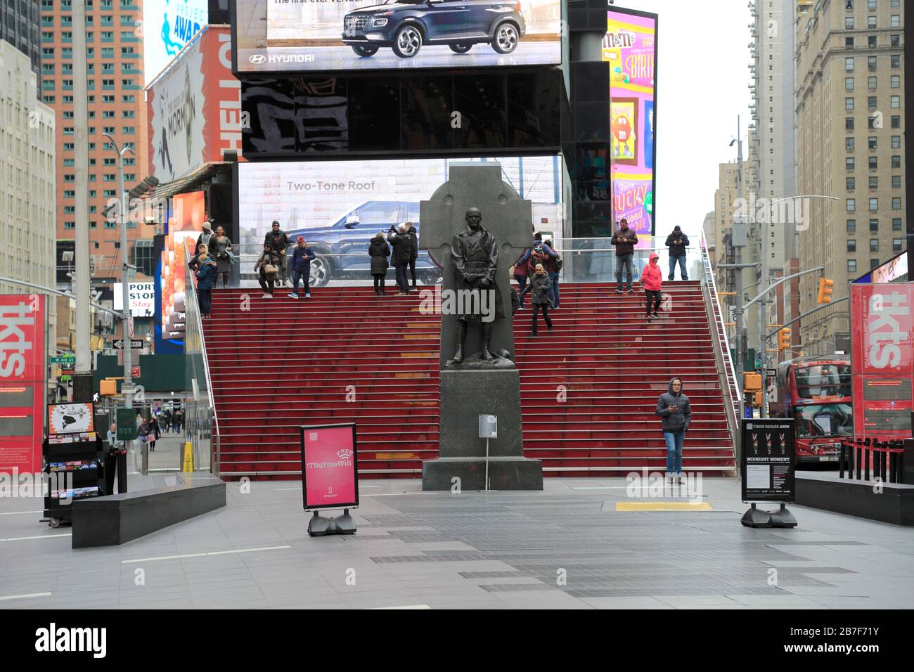 Almost empty Times Square, Red Steps, TKTS booth as people practice ...