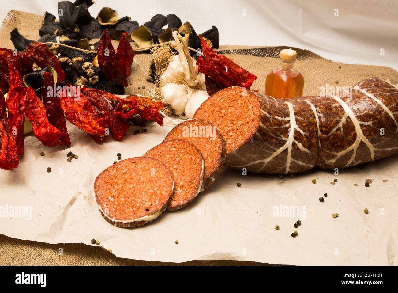 Turkish sausage golden sucuk. Sujuk (sucuk), a dry spicy sausage on ...
