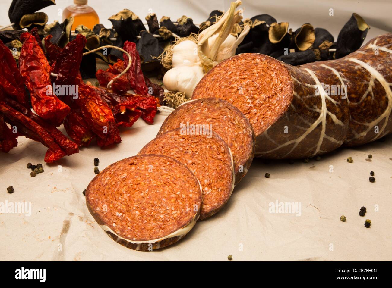 Turkish sausage golden sucuk. Sujuk (sucuk), a dry spicy sausage on ...