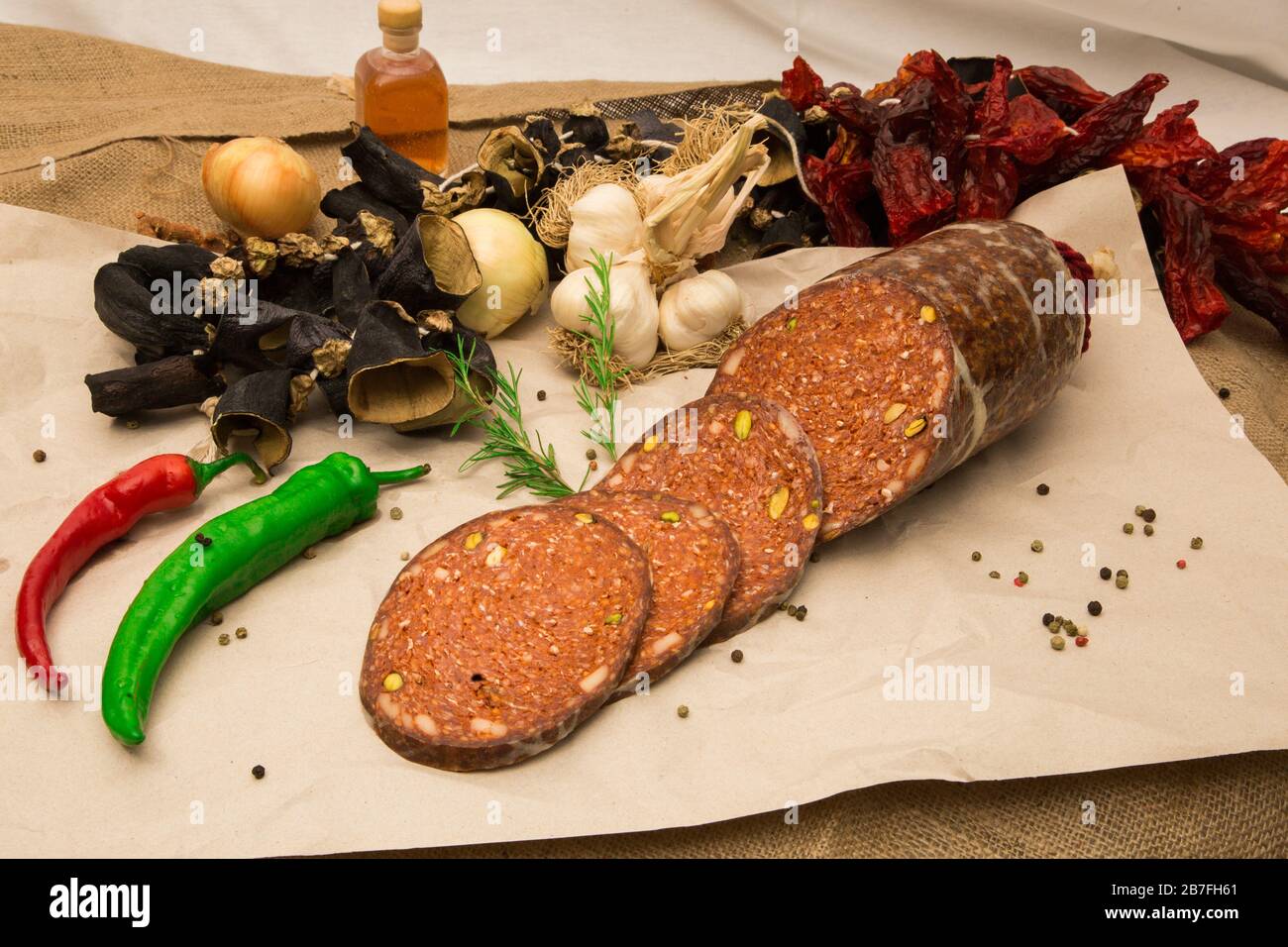 Turkish sausage golden sucuk. Sujuk (sucuk), a dry spicy sausage on ...