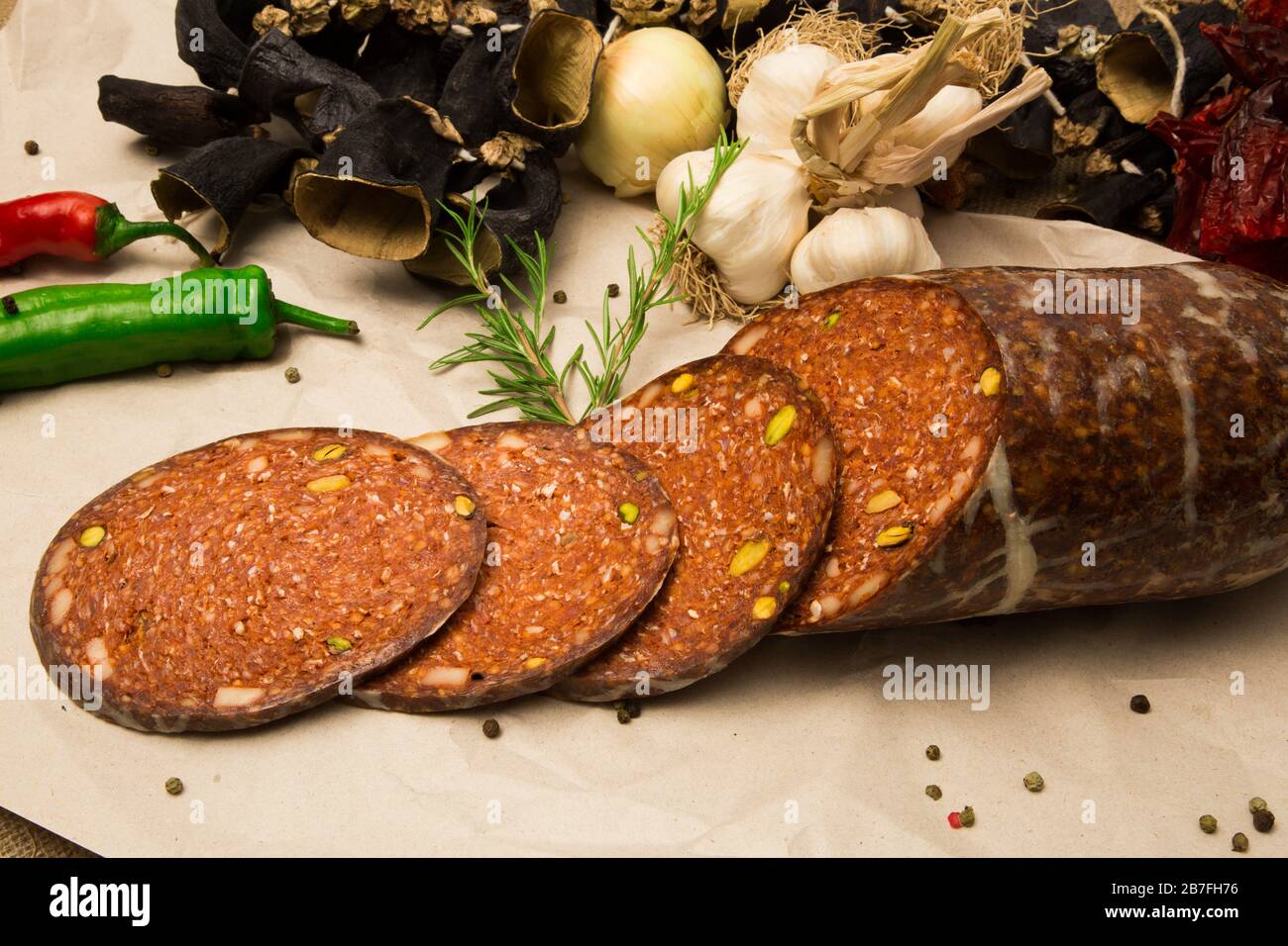 Turkish sausage golden sucuk. Sujuk (sucuk), a dry spicy sausage on ...