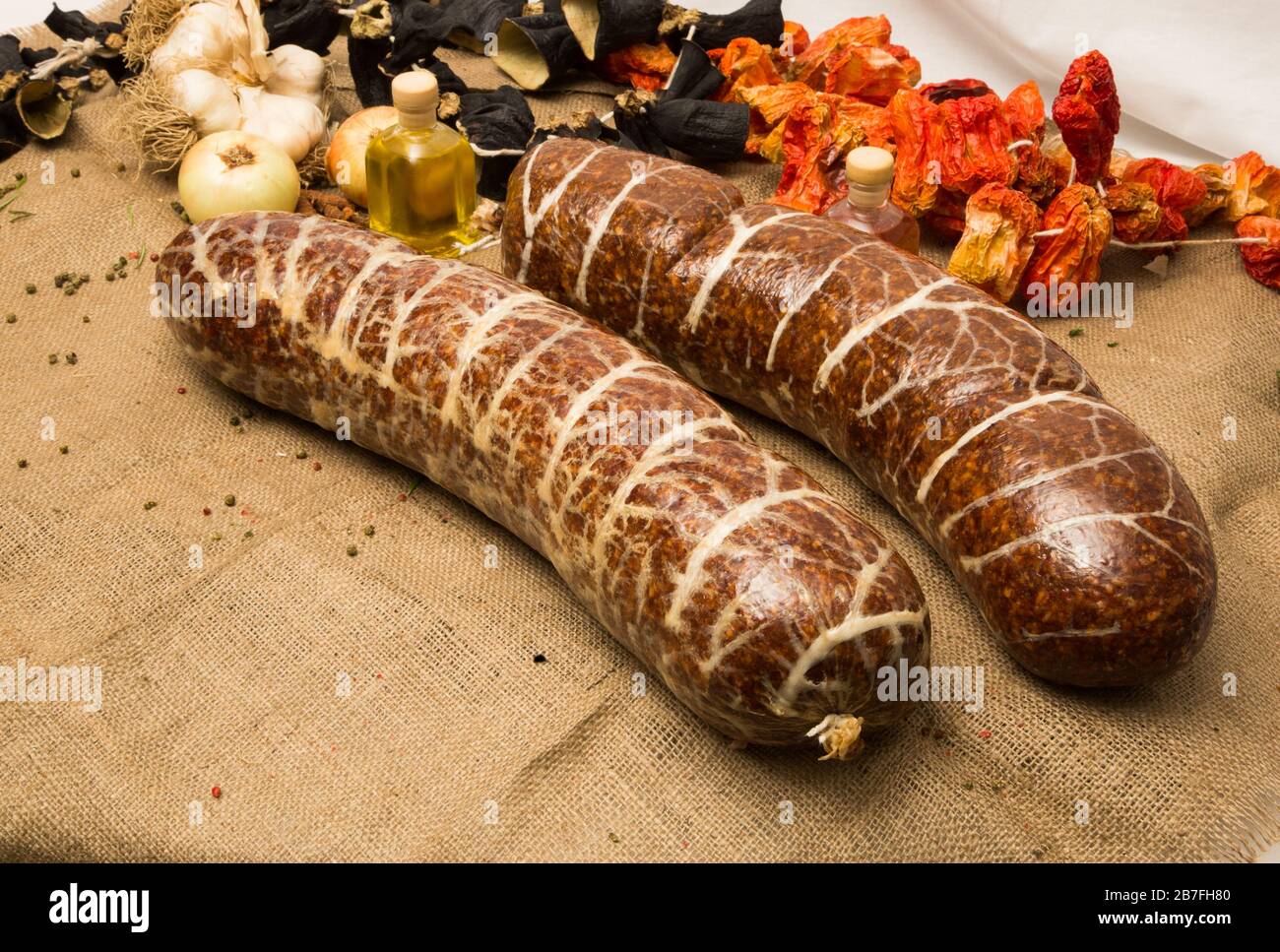 Turkish sausage golden sucuk. Sujuk (sucuk), a dry spicy sausage on ...