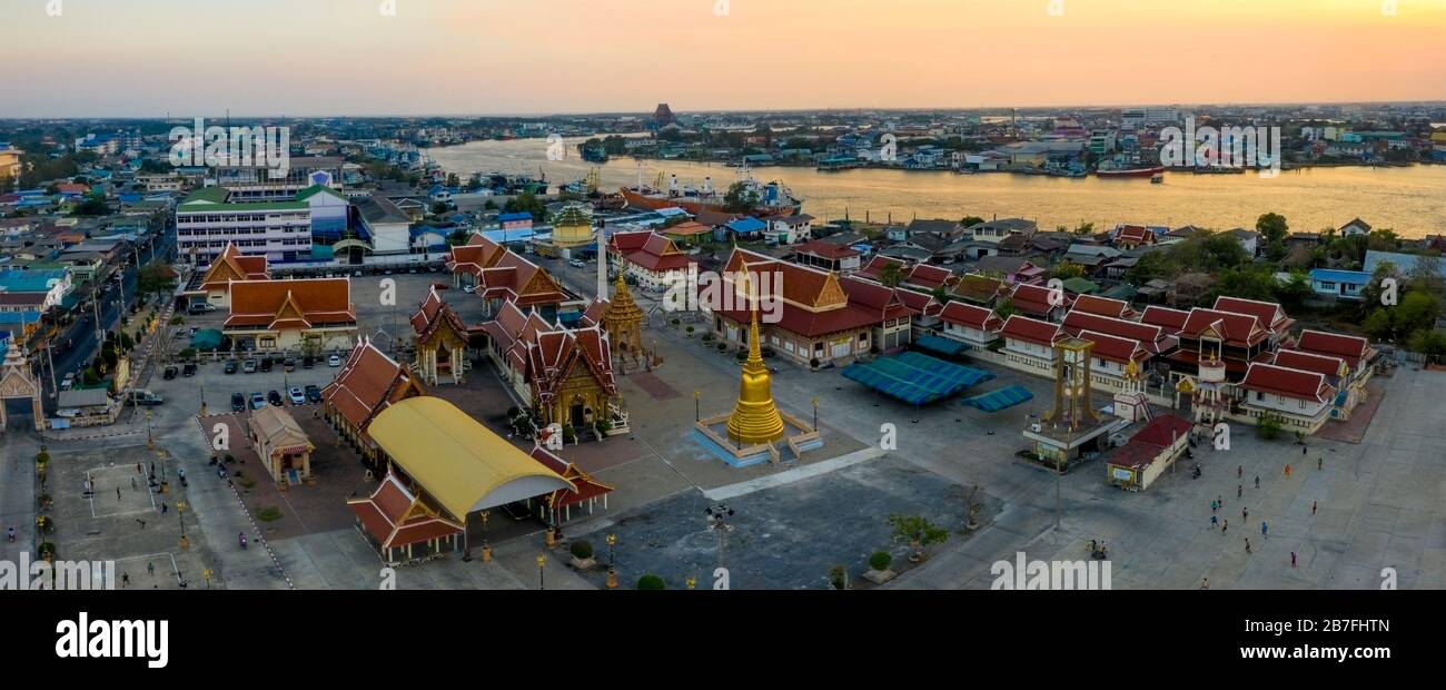 aerial view of Mahachai Town in Samuth sakorn outskirt Bangkok Thailand ...