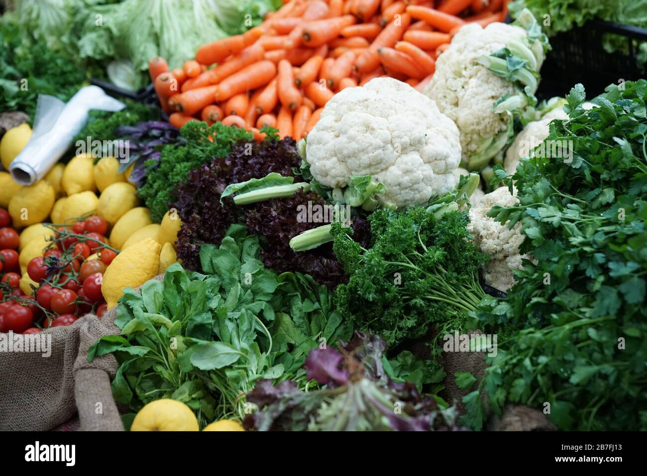 Mixed fruits and vegetables at organic fair stock photo Stock Photo - Alamy