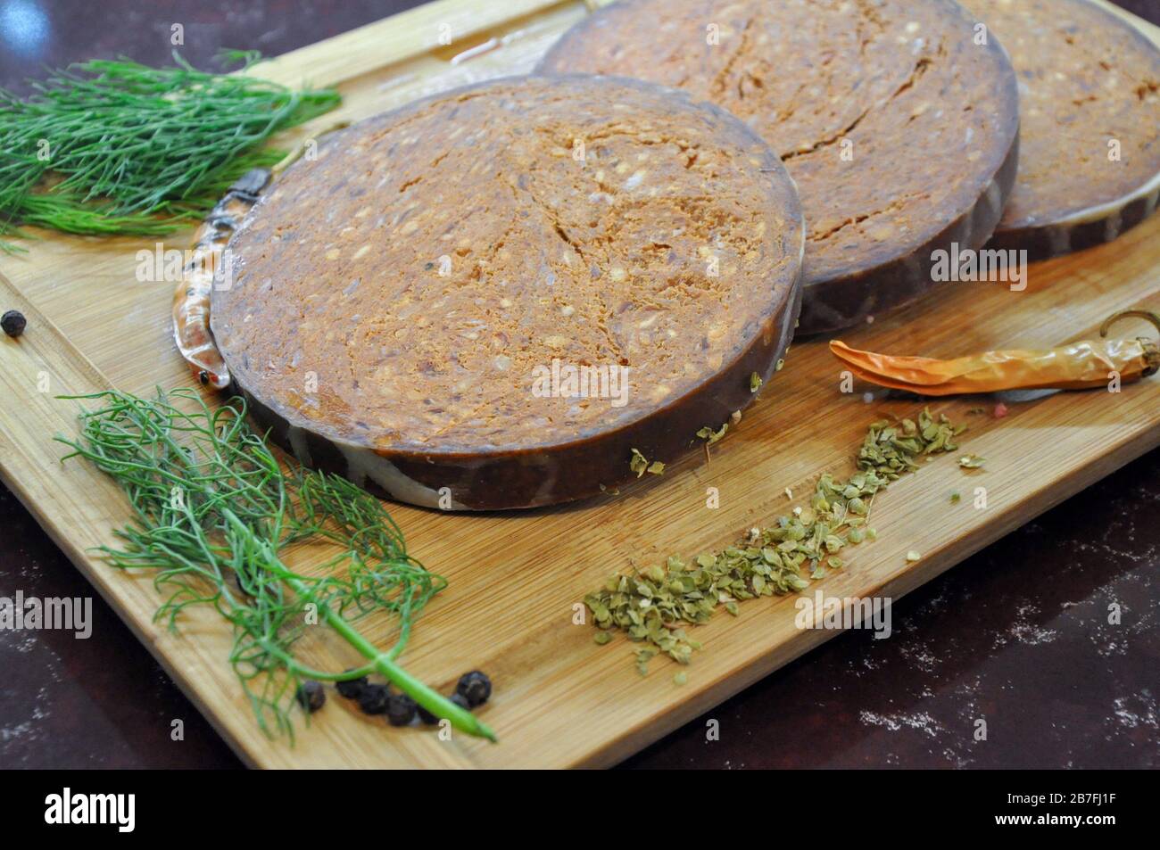 Turkish sausage golden sucuk. Sujuk (sucuk), a dry spicy sausage on ...