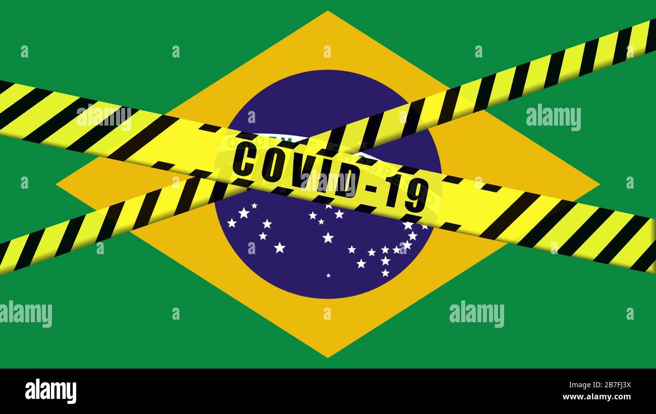 COVID-19 warning Black and Yellow ribbon on BRAZILIAN FLAG illustration ...