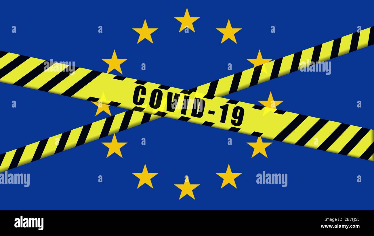 COVID-19 warning Black and Yellow ribbon on EUROPEAN FLAG illustration ...