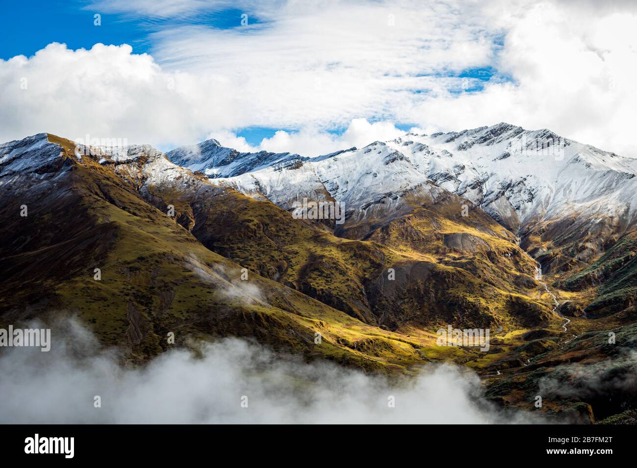 Snow covered mountains across the valley from the Thombu La pass in ...