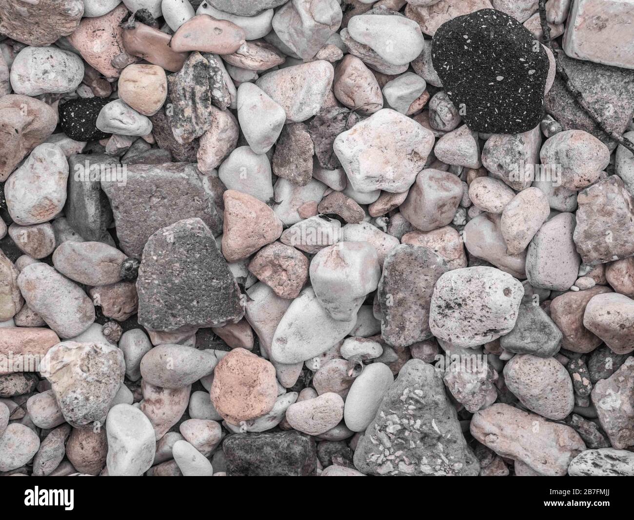 Pebble stones Dried river rocks randomly placed on the shore close up ...