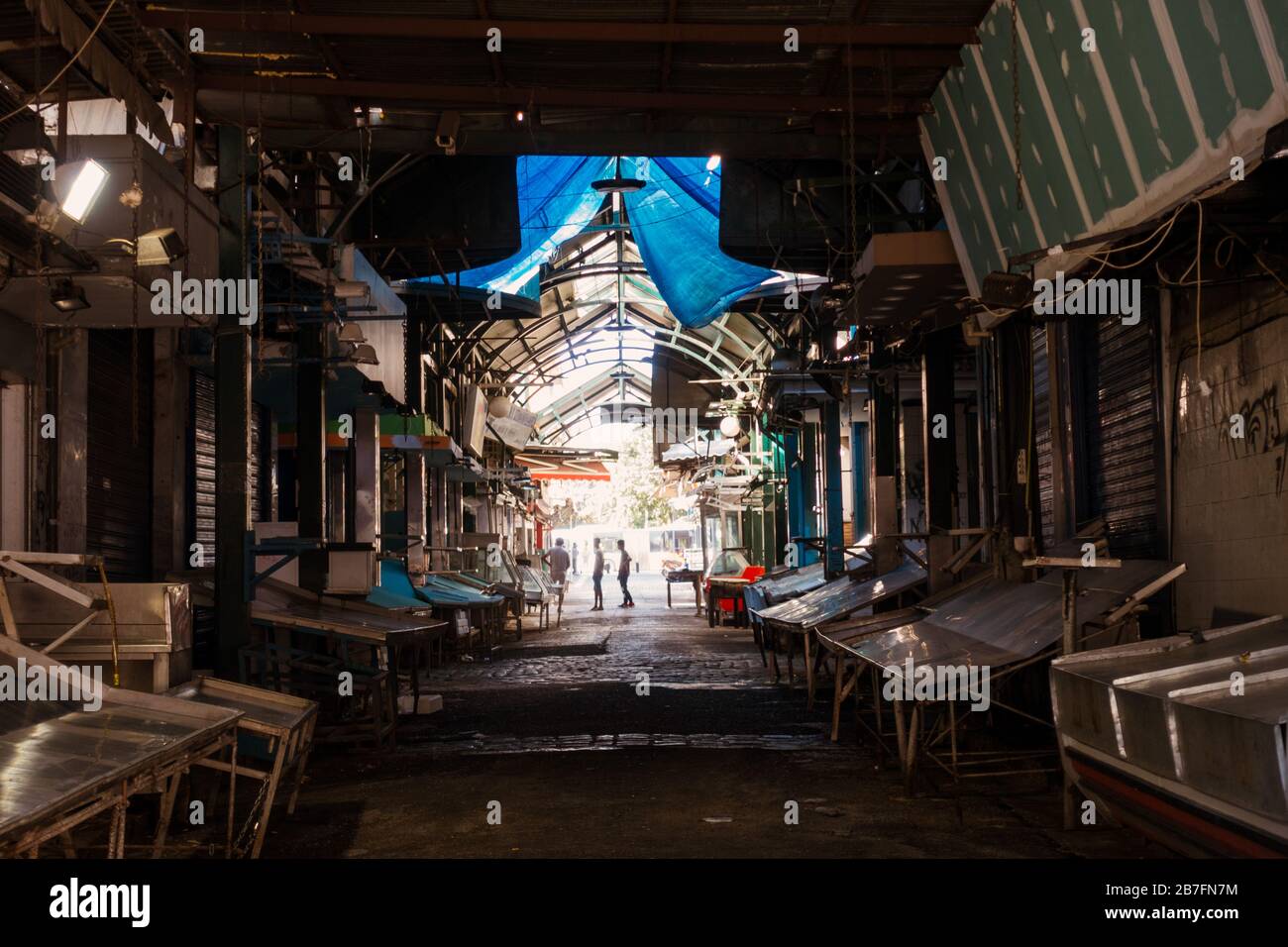 Looking down an empty fish market in Thessaloniki, Greece Stock Photo ...