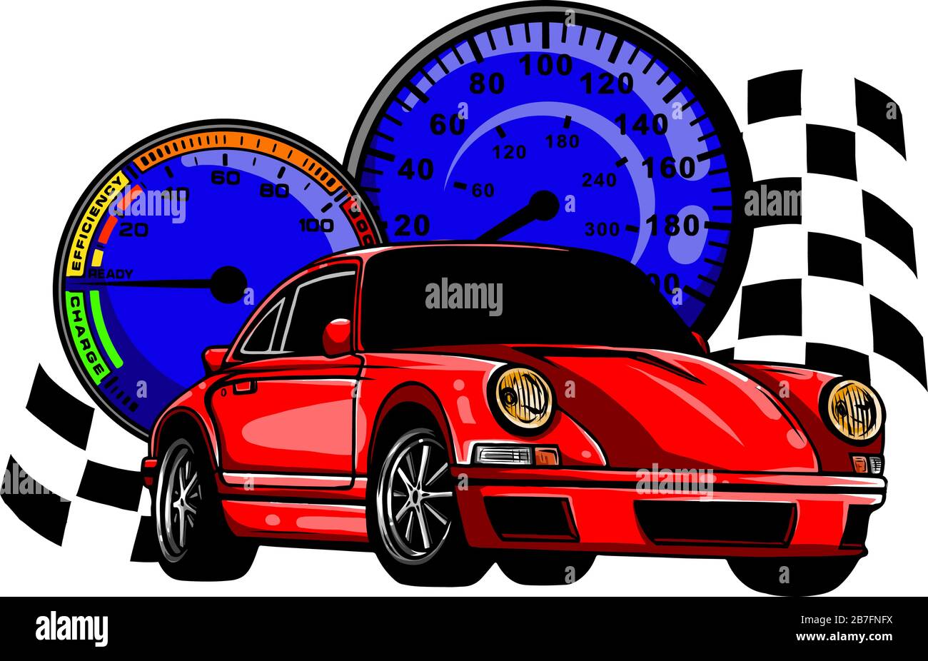 vector illustration of racing car with checker flag on grungy ...