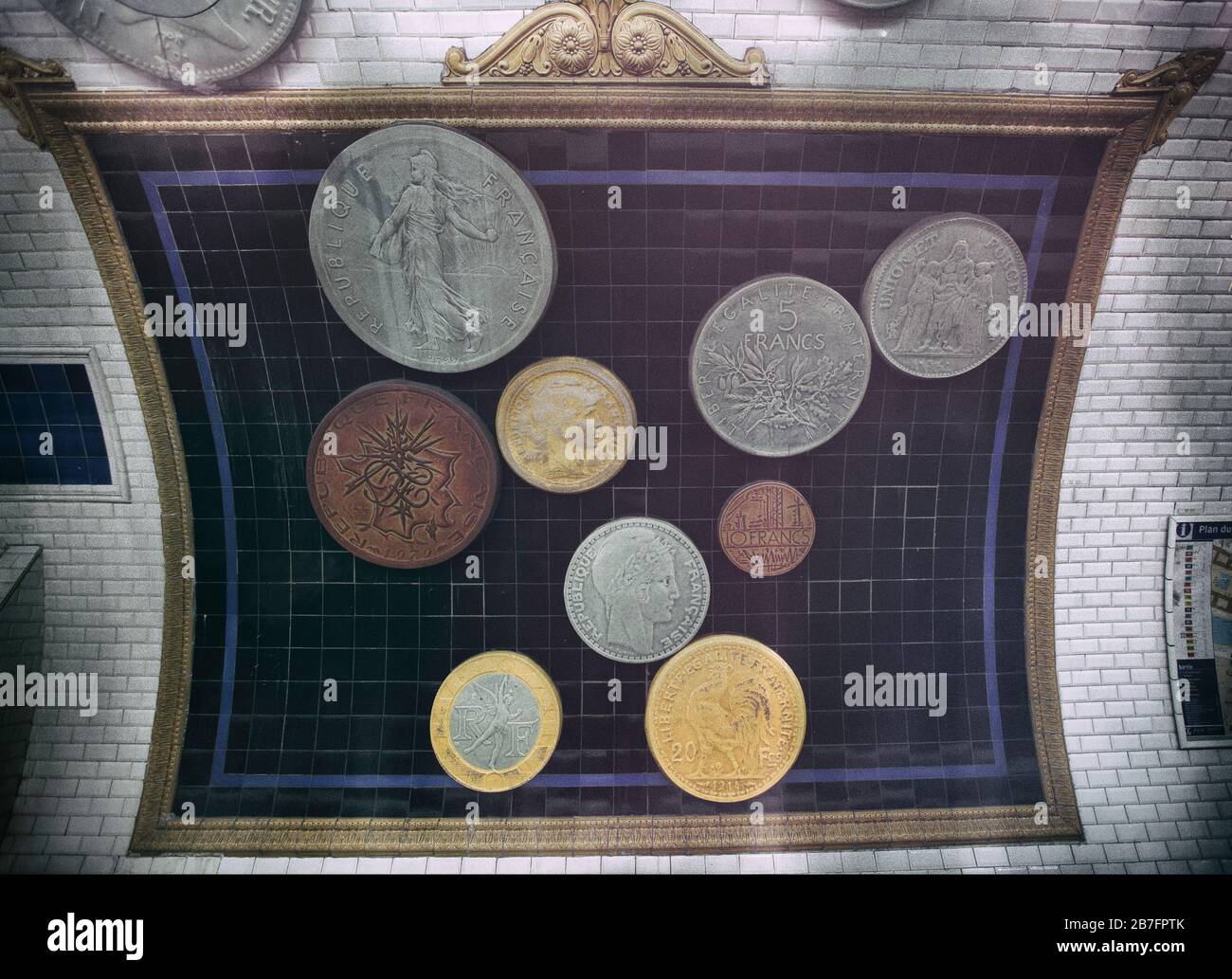 Large Euro and Franc coins on the wall and ceiling of the Pont Neuf La ...