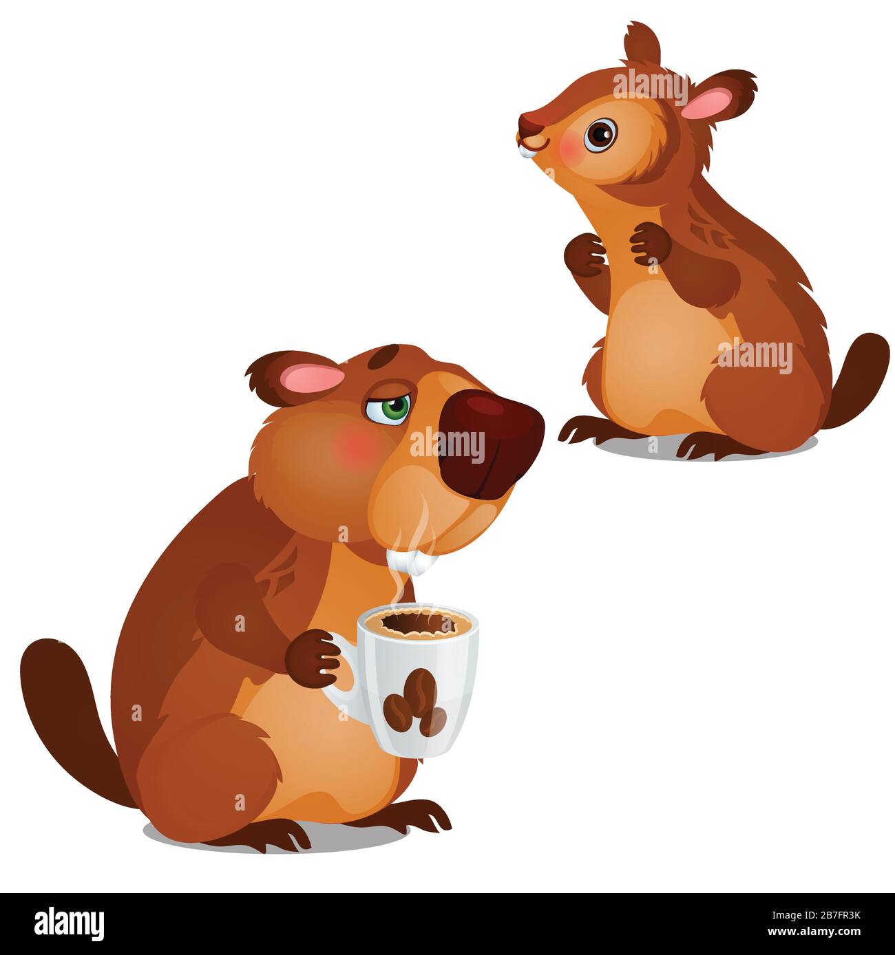 Cheerful beaver and tired beaver drinking coffee isolated on white ...