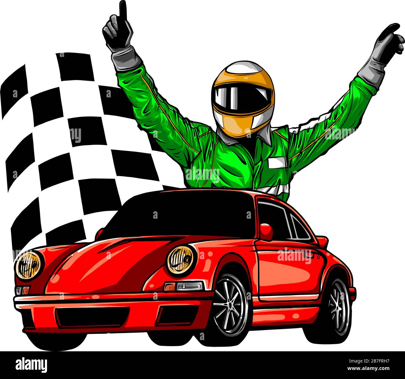 vector illustration of racing car with checker flag on grungy ...