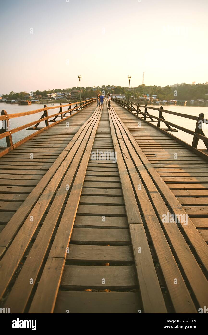 Mon Bridge or Uttamanusorn Bridge in Sangkhla Buri, Kanchanaburi ...
