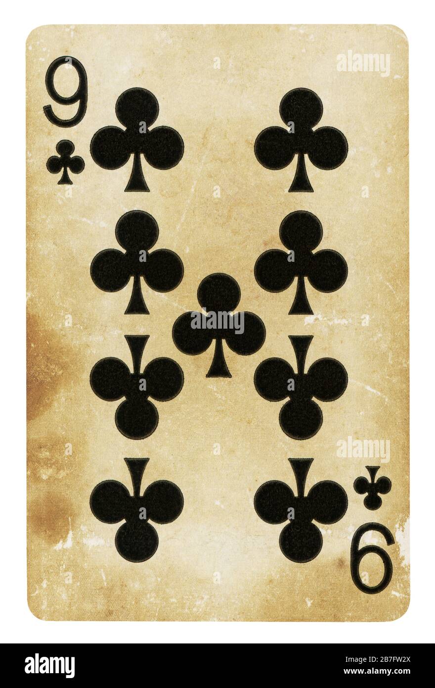 Nine of Clubs Vintage playing card - isolated on white (clipping path ...