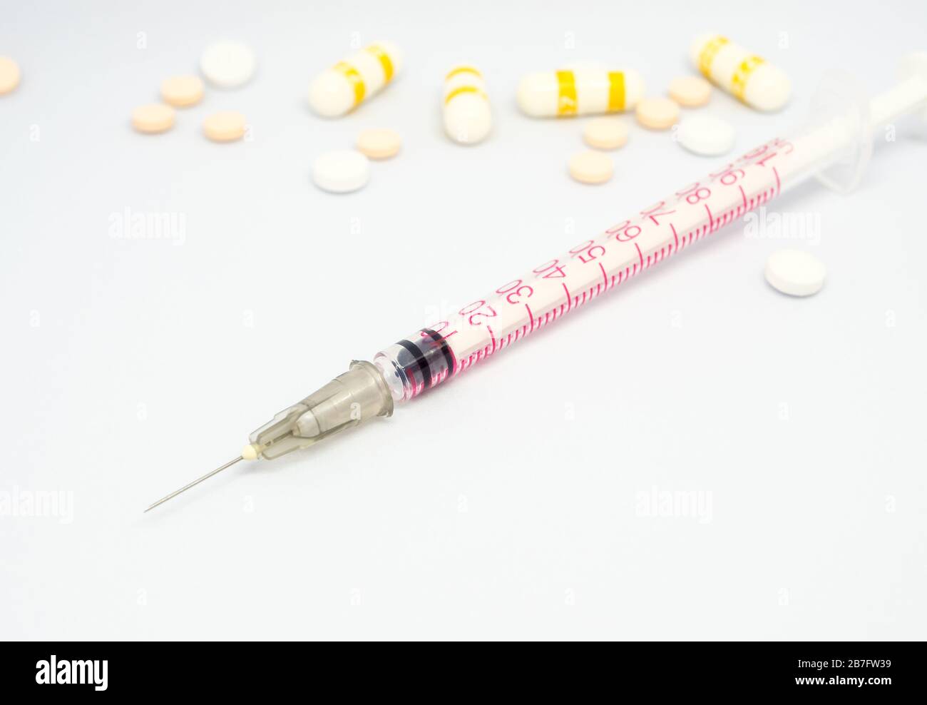 Syringe, injection needle and some pill on white background Stock Photo ...