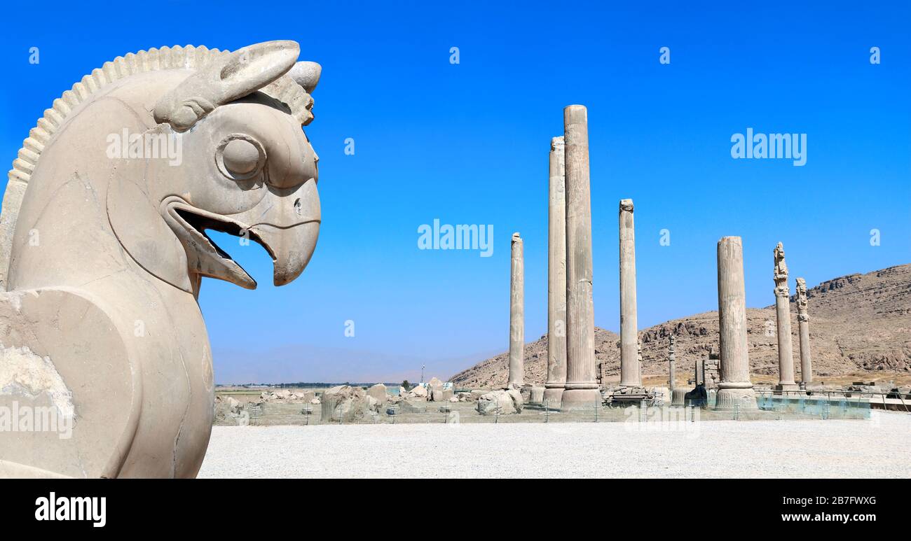Stone sculpture of griffin and columns of Apadana Palace built by ...