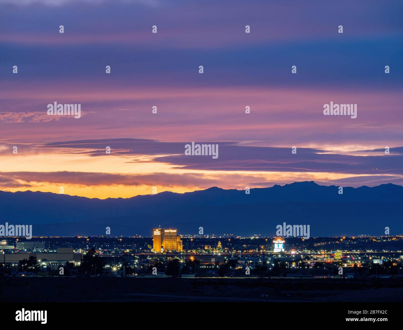 Sunset red afterglow over the famous strip of Las Vegas at Nevada Stock ...